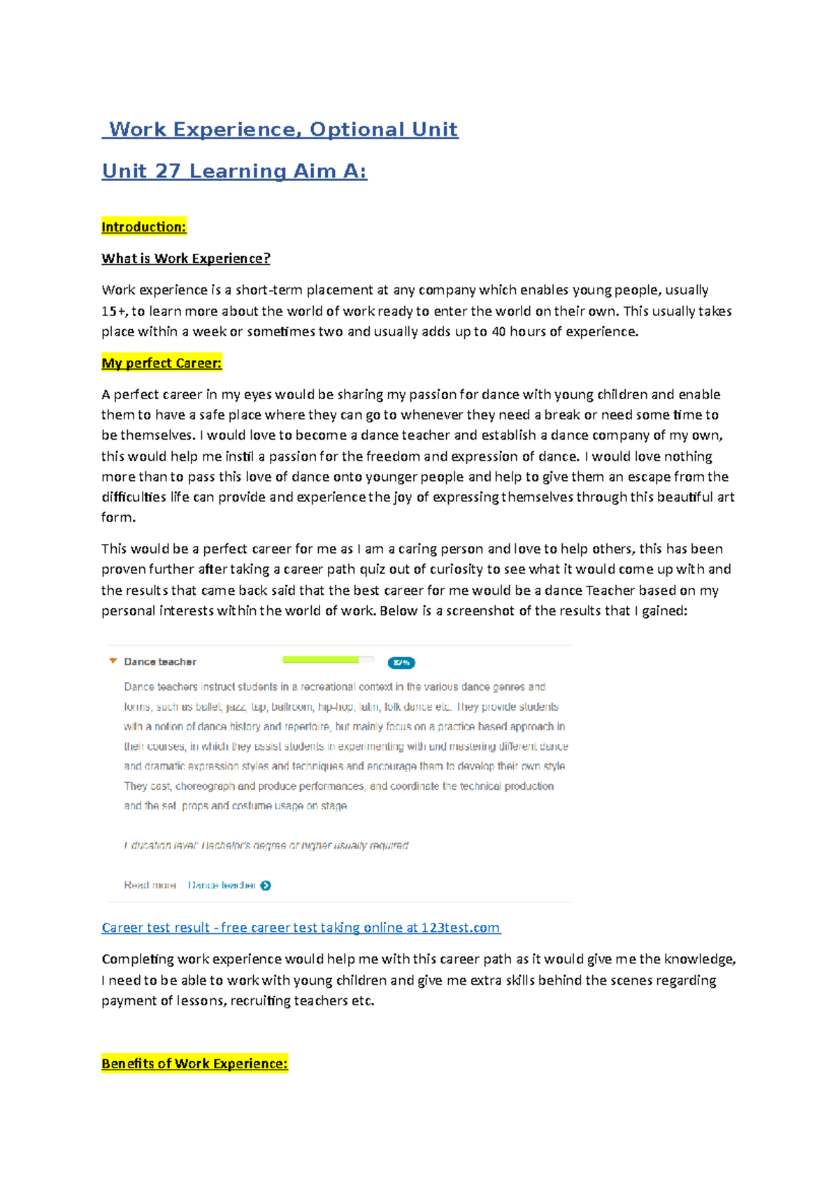 Work Experience (Optional Unit) - Work Experience, Optional Unit Unit ...