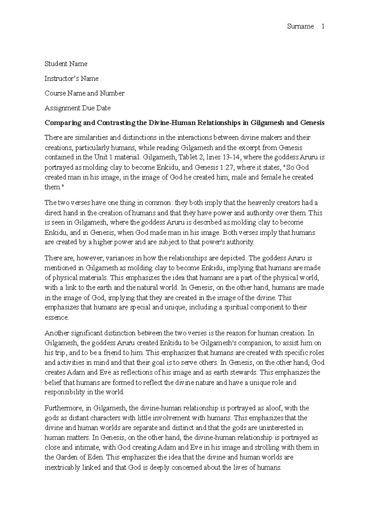 Gilgamesh and Genesis - notes for study - Surname 1 Student Name ...