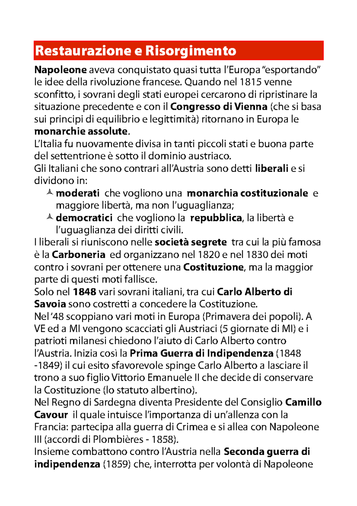Risorgimento riassunto - Restaurazione e Risorgi mento Napoleone aveva conquistato quasi tutta ...