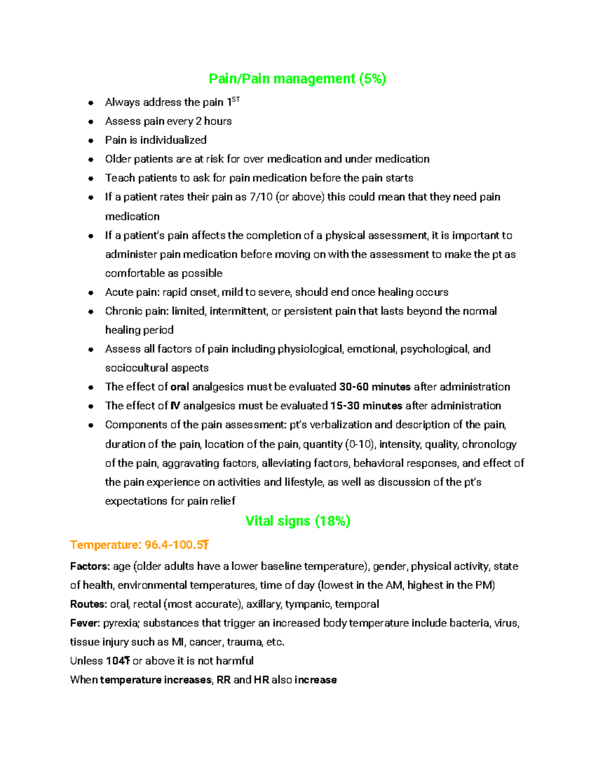 NURS53 Final EXAM - Pain/Pain management (5%) Always address the pain ...