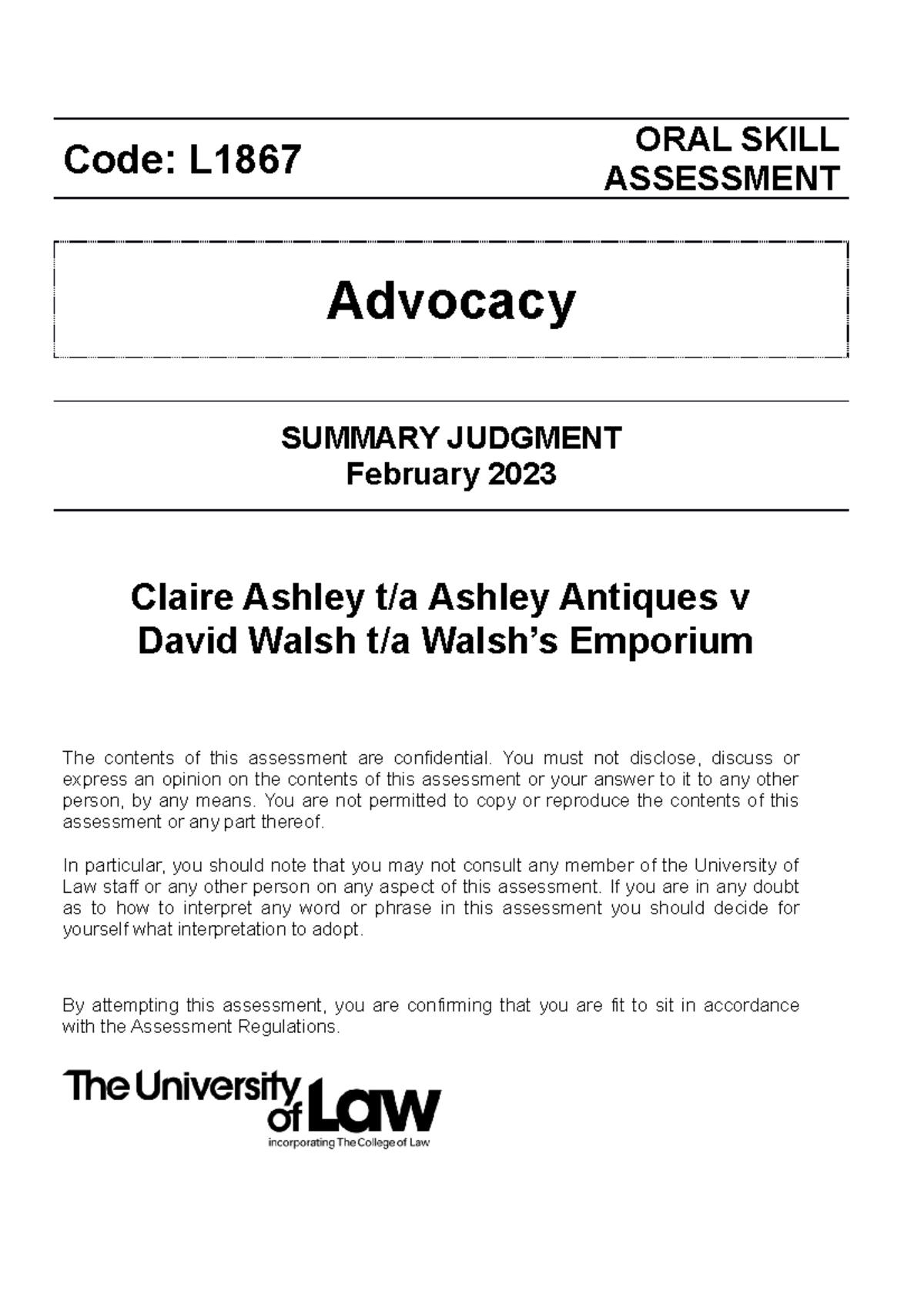 Advocacy Assessment - Code: L ORAL SKILL ASSESSMENT Advocacy SUMMARY ...