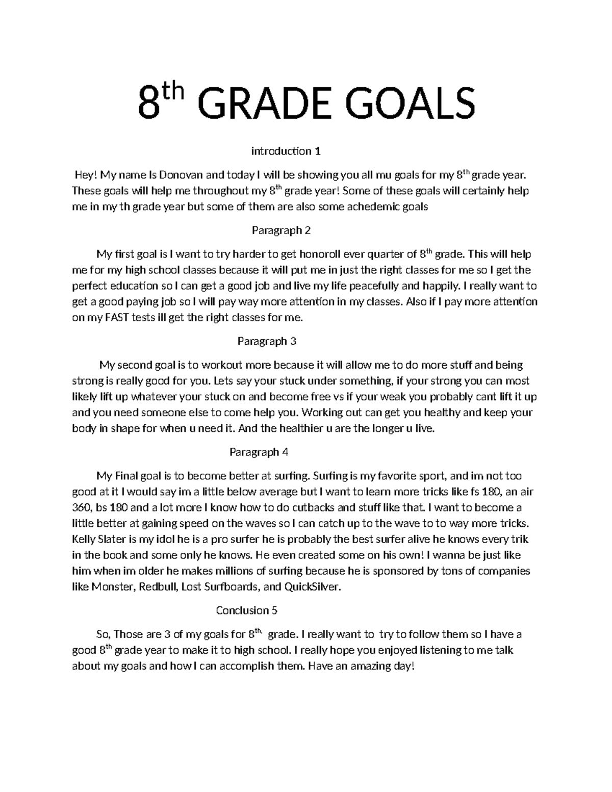 8th grade essay - 8 th GRADE GOALS introduction 1 Hey! My name Is ...