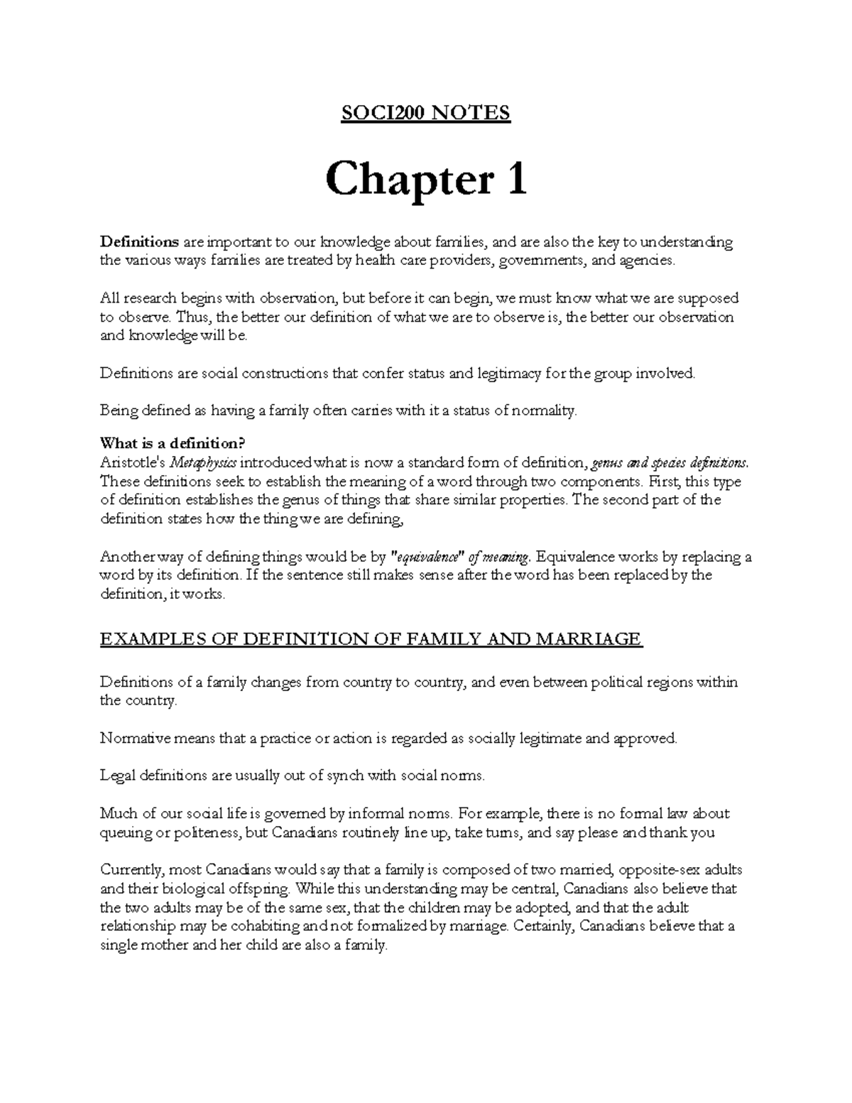 SOCI200 Notes - SOCI200 NOTES Chapter 1 Definitions are important to ...