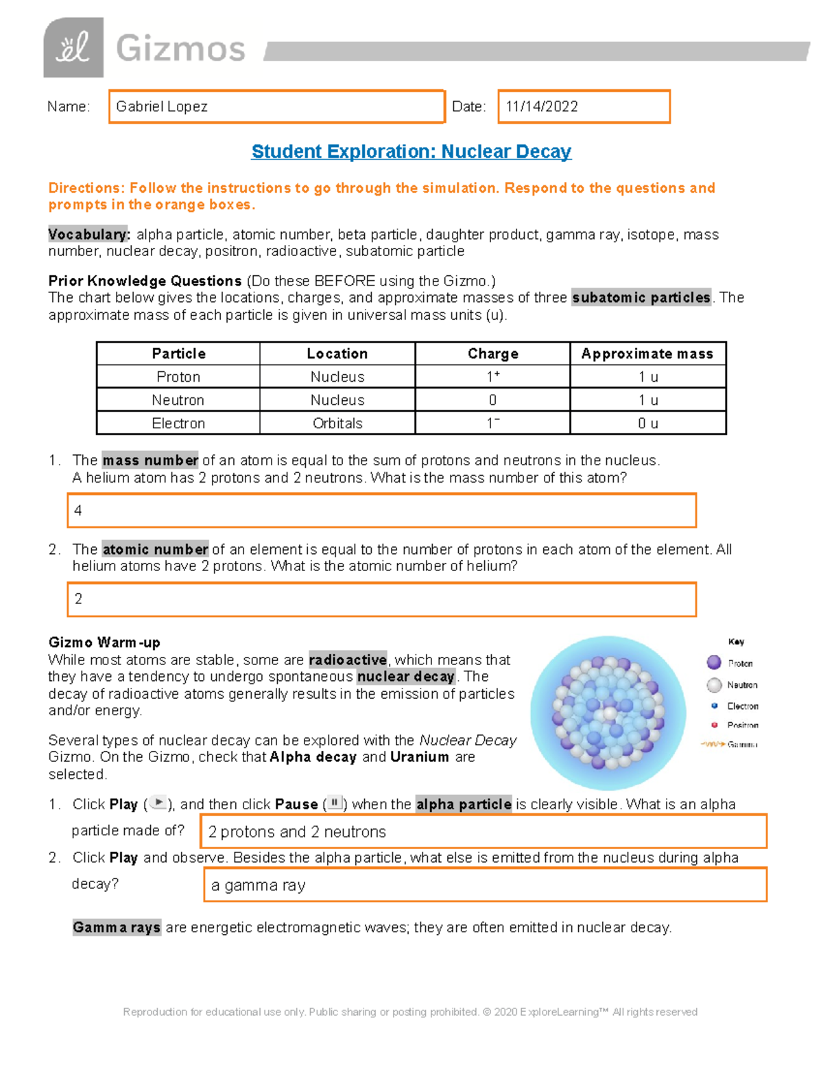 Copy of Nuclear Decay SE - Name: Gabriel Lopez Date: 11/14/ Student ...