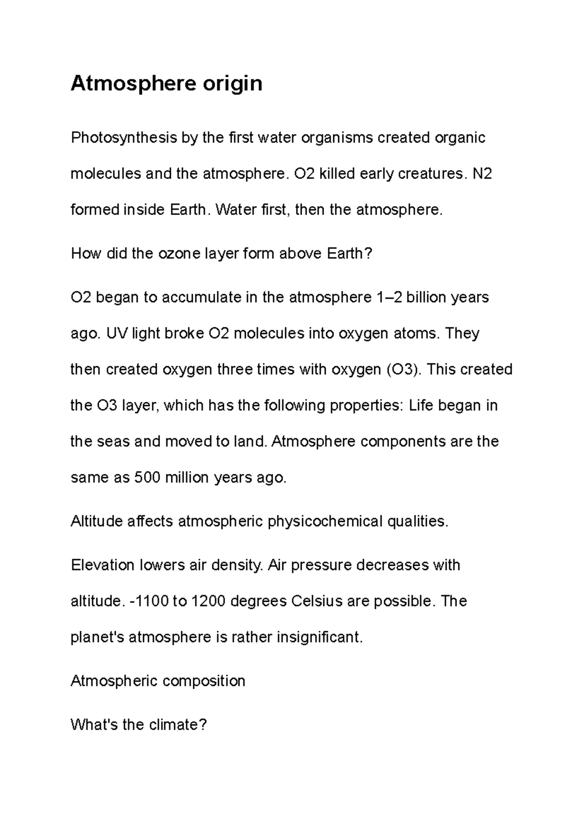 Atmosphere origin - Notes - Atmosphere origin Photosynthesis by the ...