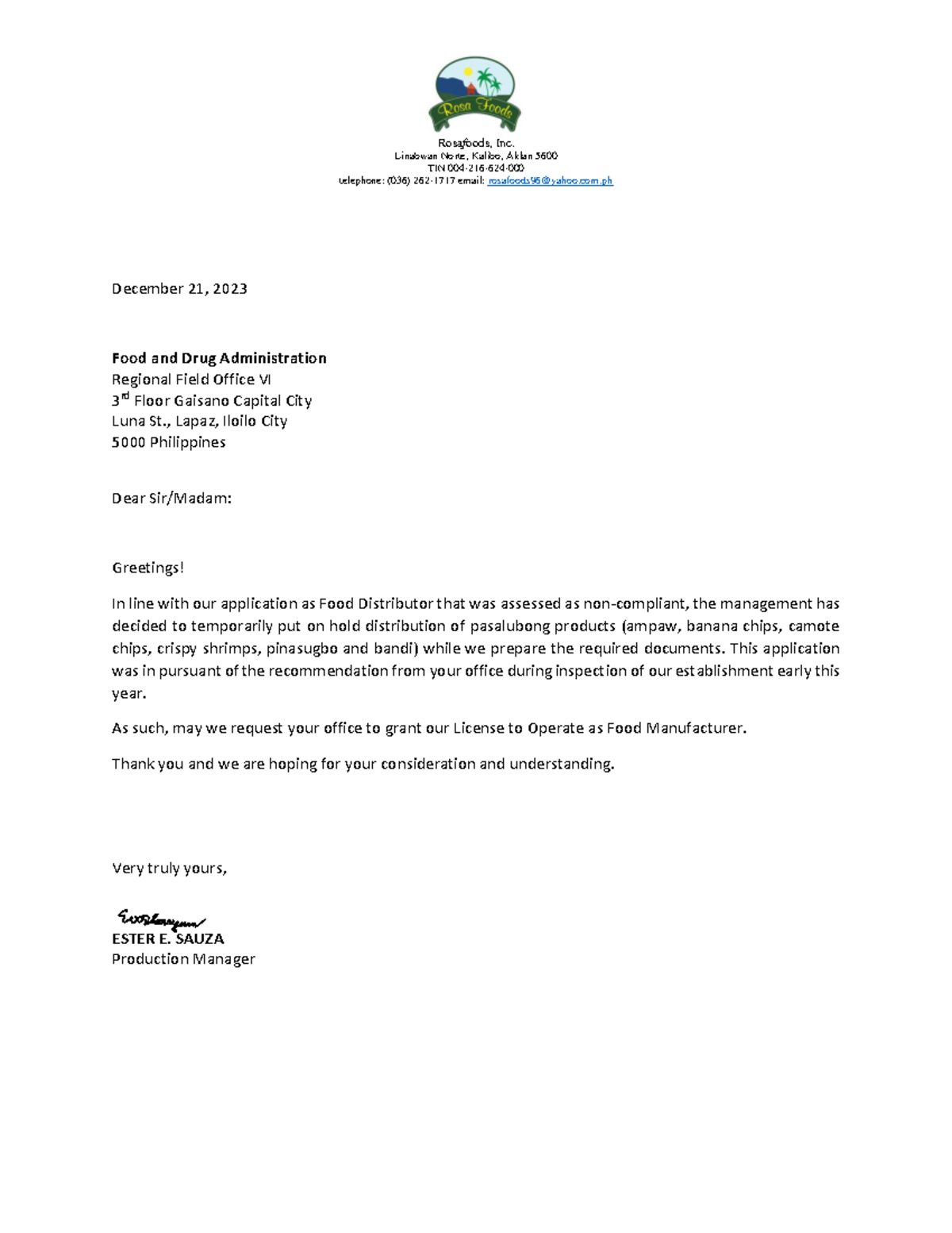 ROSA Foods INC Letter Regarding FOOD Distributorship - Rosafoods, Inc ...