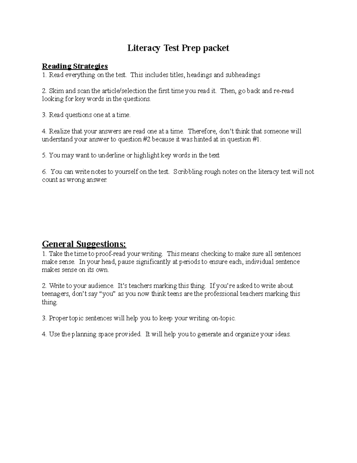 0321 Literacy Test Prep packet - Literacy Test Prep packet Reading ...