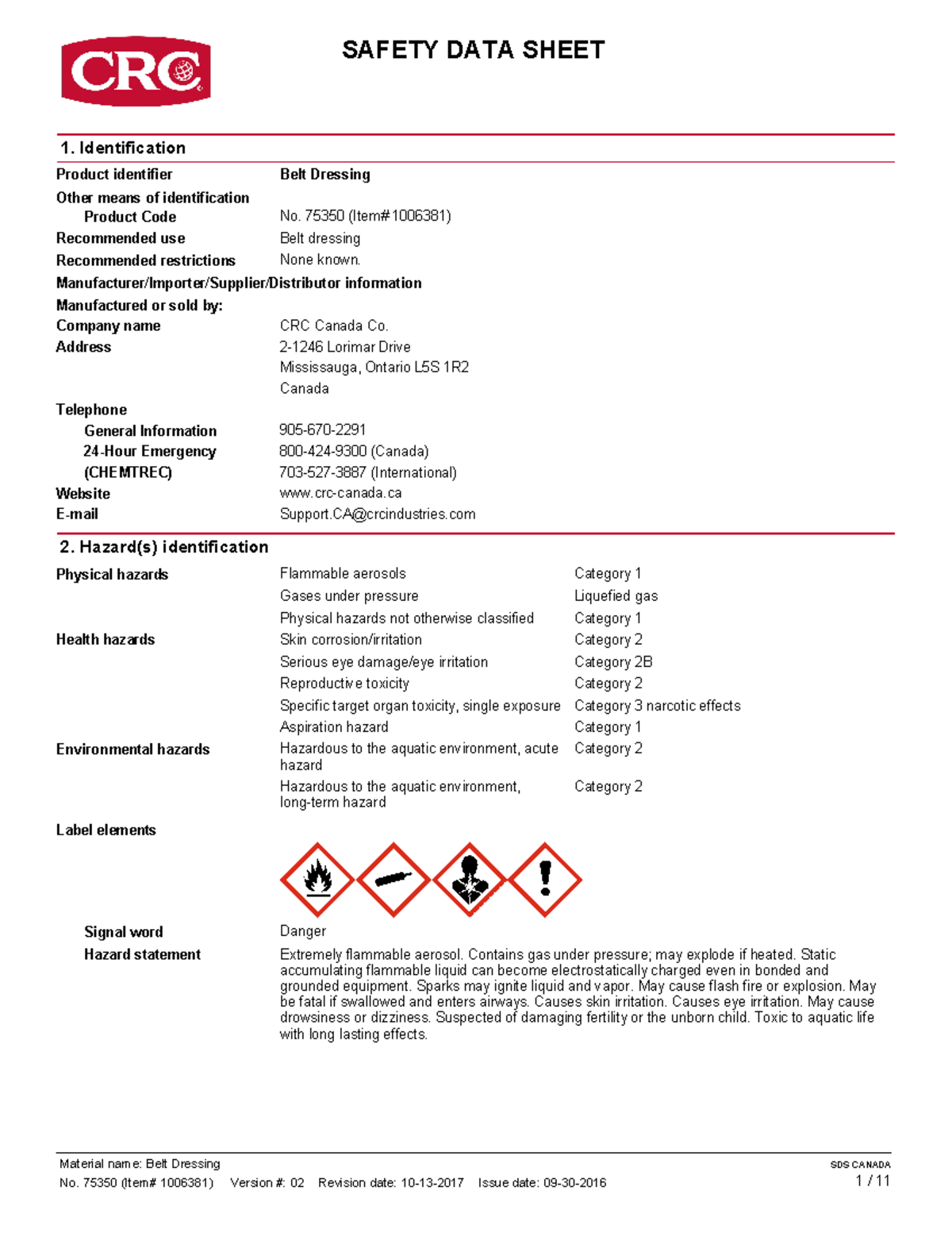 Belt Dressing - Lecture Notes - SAFETY DATA SHEET 1. Identification ...