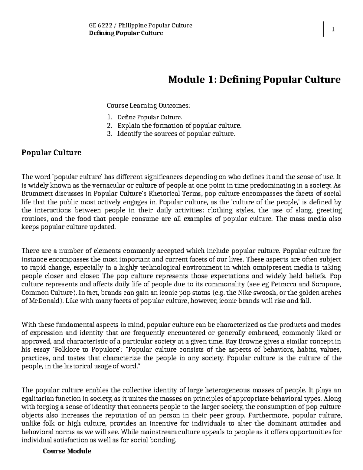 POP Culture Module - Lecture notes 1-6 - Module 1: Defining Popular ...