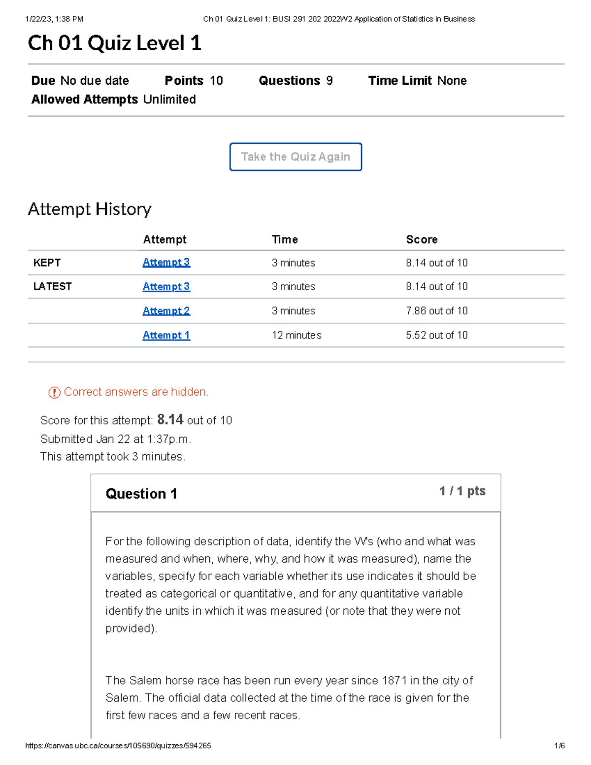 Ch 01 Quiz Level 1 BUSI 291 202 2022W2 Application of Statistics in Business.pdf 2 - Ch 01 Quiz ...