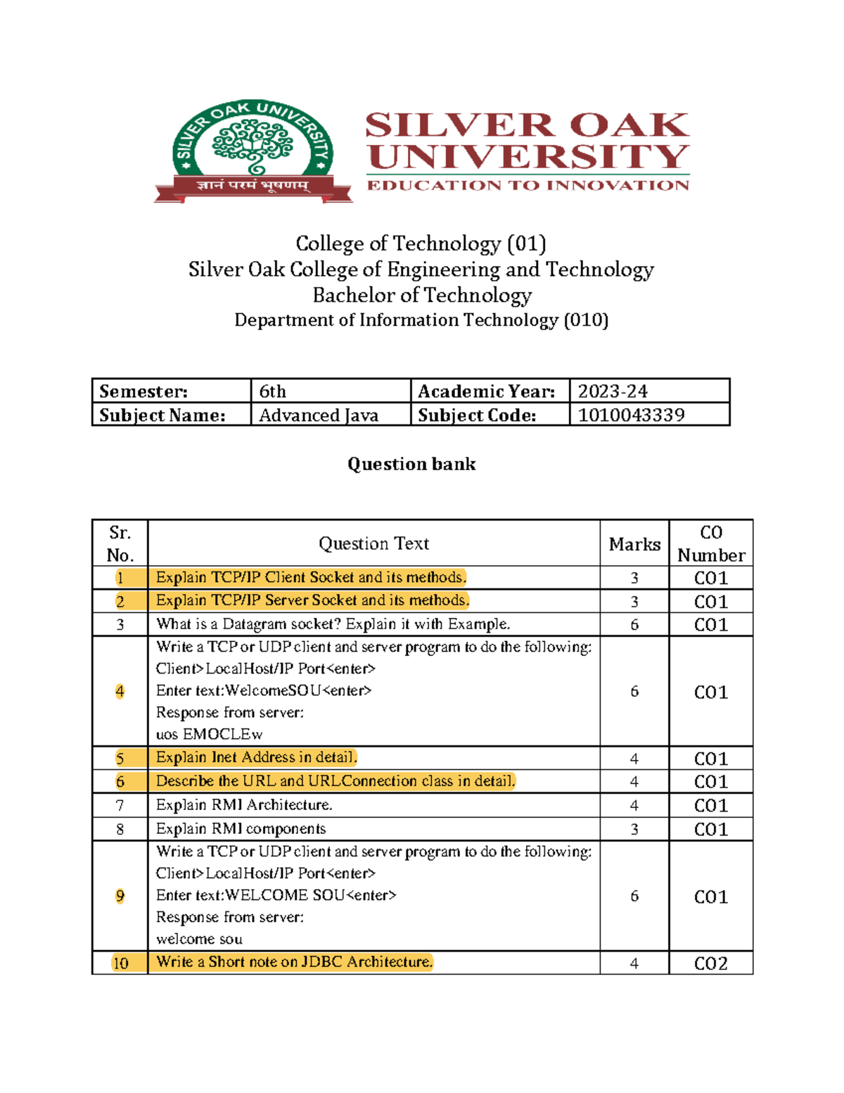 Advanced Java Question Bank - College of Technology (01) Silver Oak ...