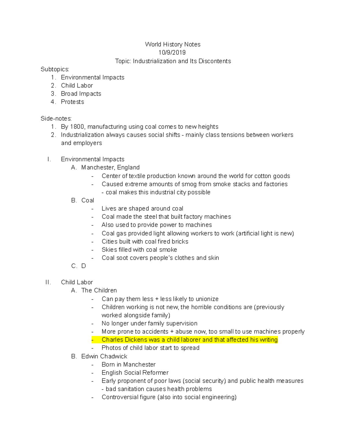 Industrialization and Its Discontents (10/9/2019 ) - World History ...