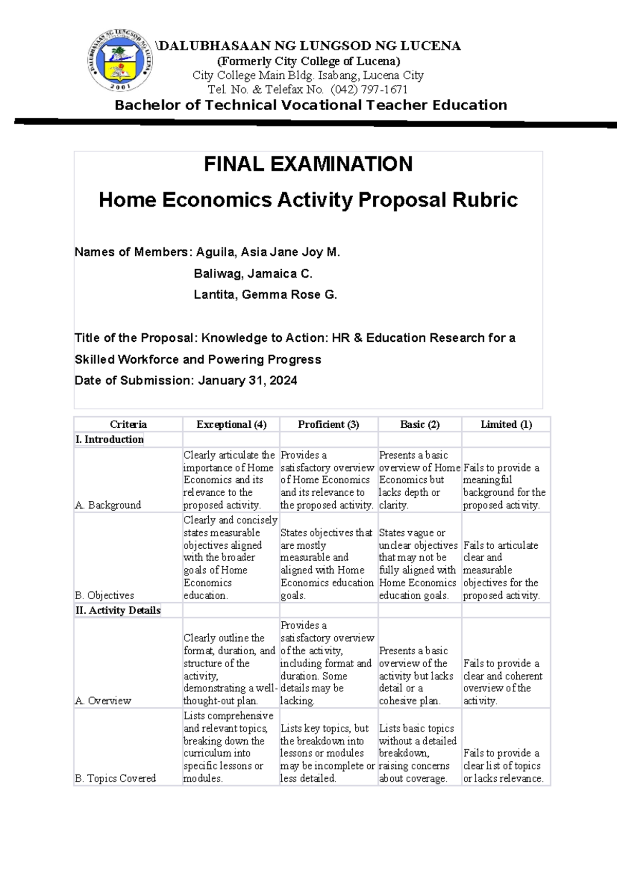 Home Economics Proposal - (Formerly City College of Lucena) City ...