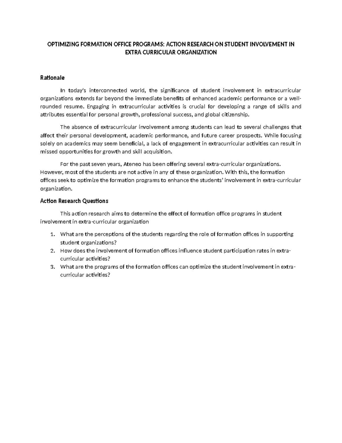 Action Research Sample - OPTIMIZING FORMATION OFFICE PROGRAMS: ACTION ...