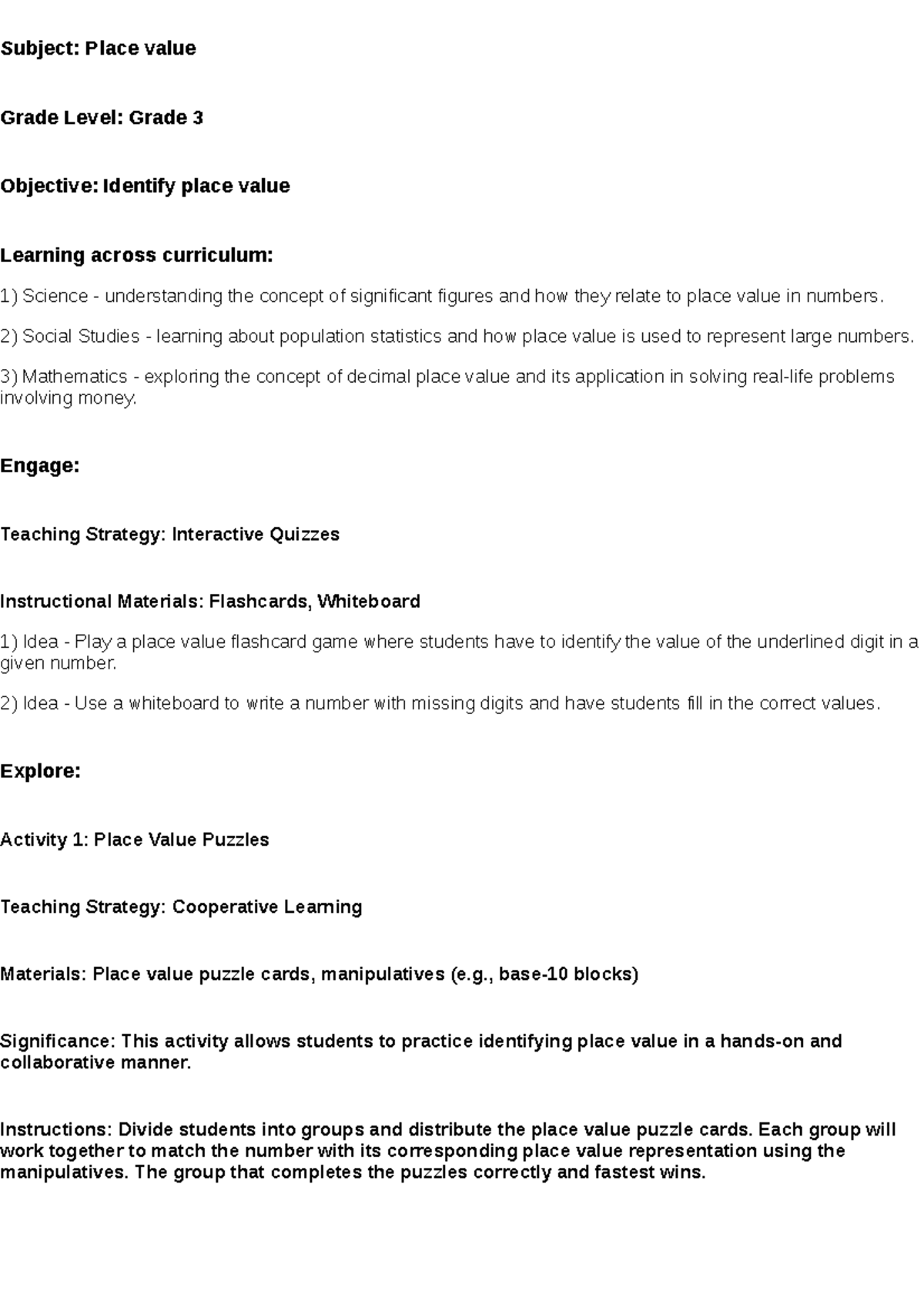 Lesson plan - Support materials - Subject: Place value Grade Level ...