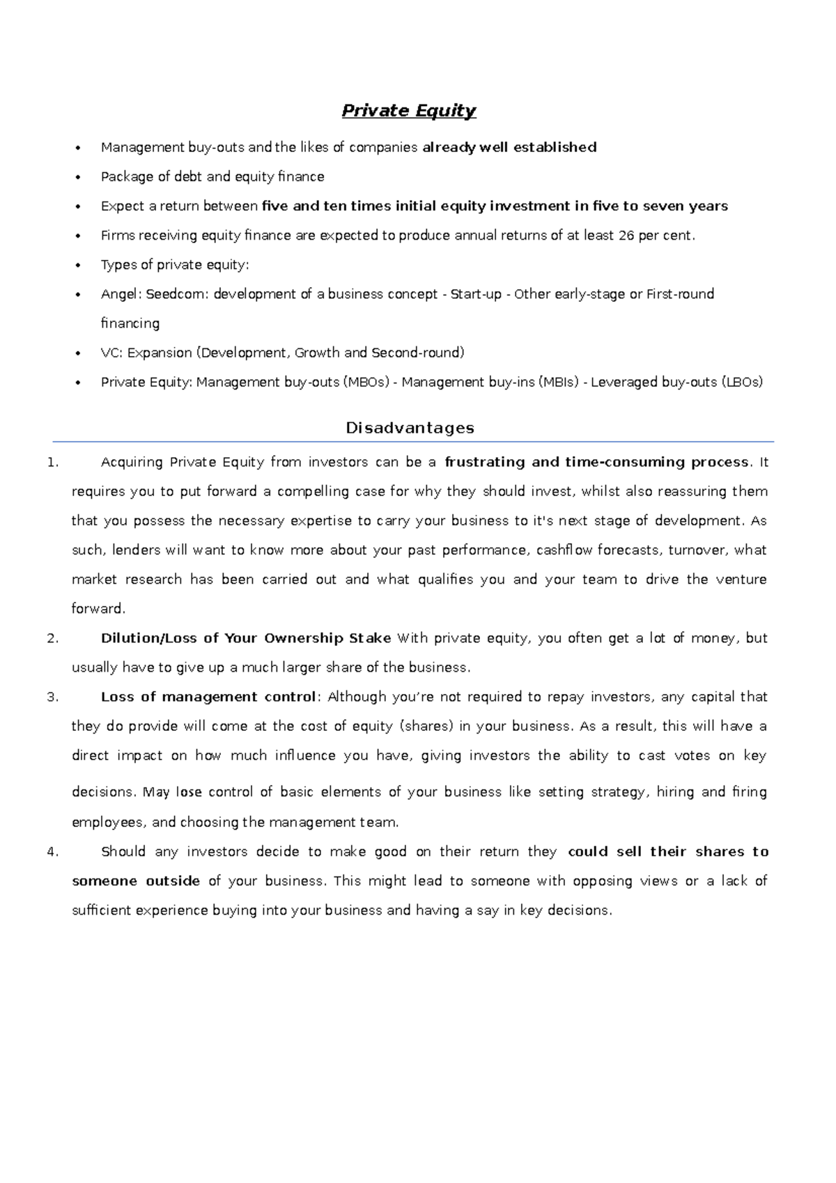 Private Equity Disadvantages Private Equity Management Buy outs And