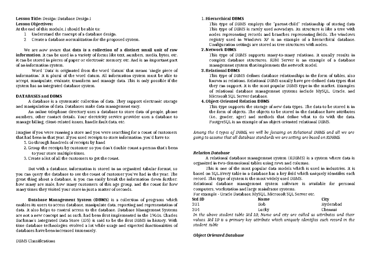 ACC 155 Lecture - Lesson Title: Design: Database Design I Lesson ...