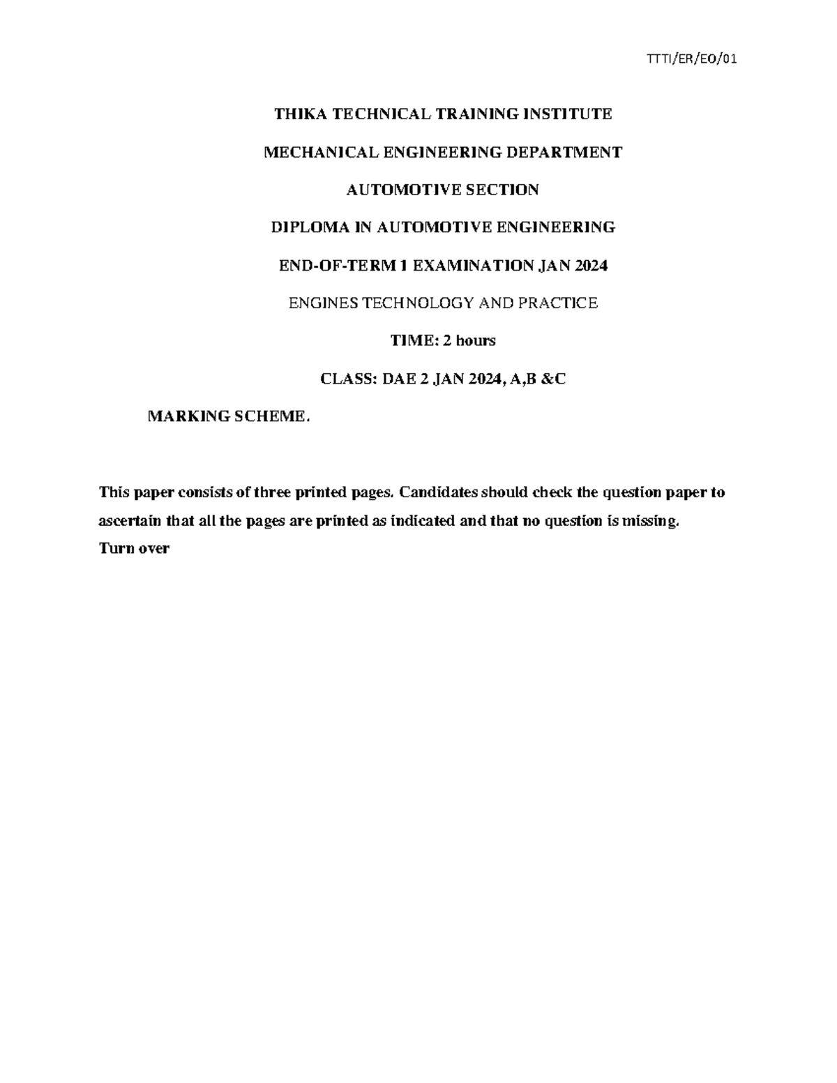 Marking Scheme Engine TECH DAE - THIKA TECHNICAL TRAINING INSTITUTE MECHANICAL ENGINEERING - Studocu