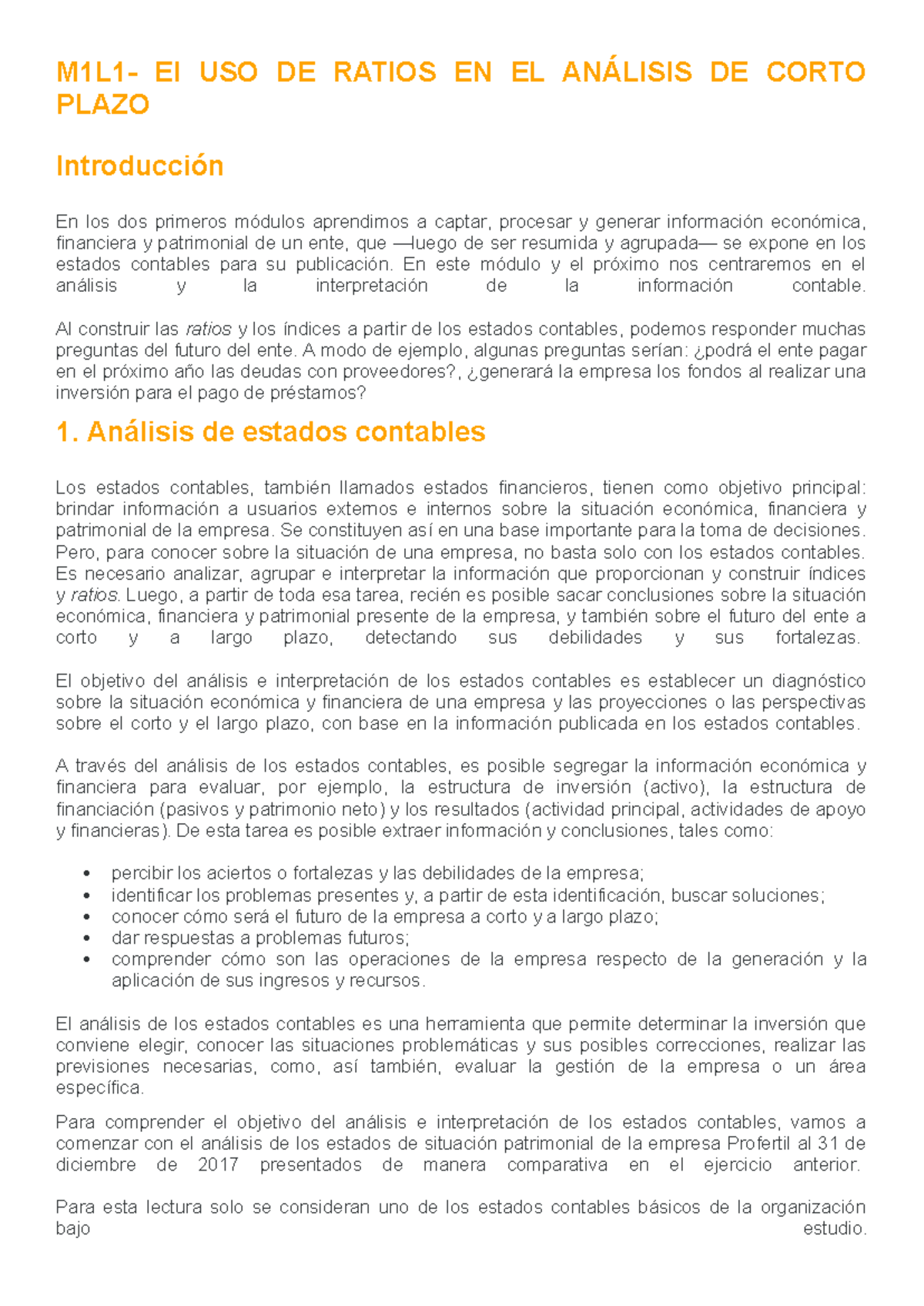M3CONT - .... - M1L1- El USO DE RATIOS EN EL ANÁLISIS DE CORTO PLAZO Introducción En los dos ...