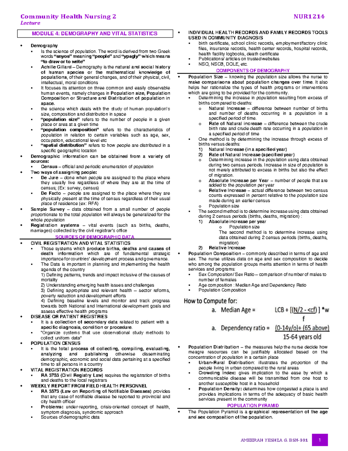 CHN-MOD-4 - None - AMEERAH YESHZA G. BSN- 301 1 Community Health Nursing 2 NUR Lecture ...