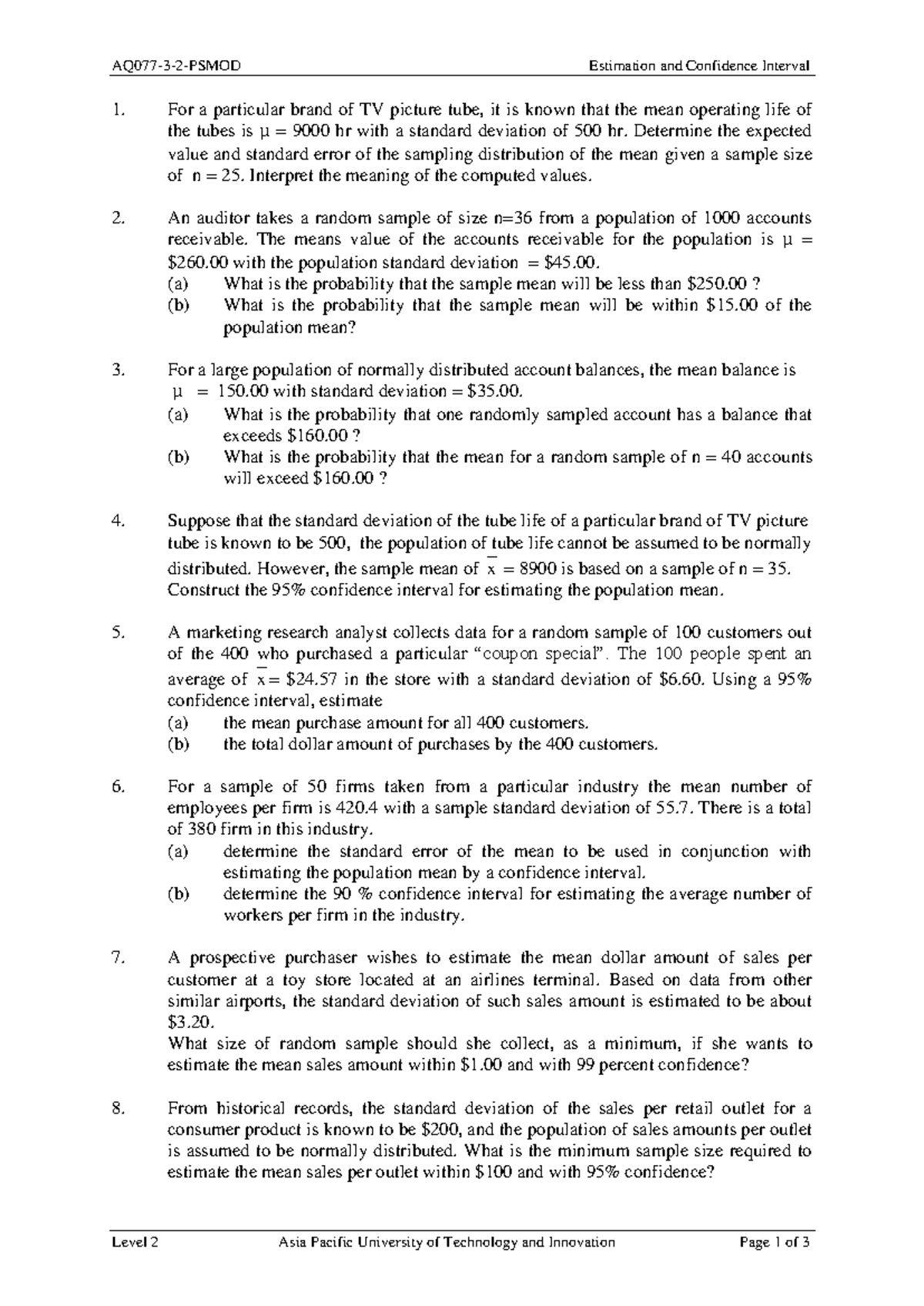 Psmod Chapter 2 Estimation and Confidence Interval - AQ077- 3 - 2 - PSMOD Estimation and ...