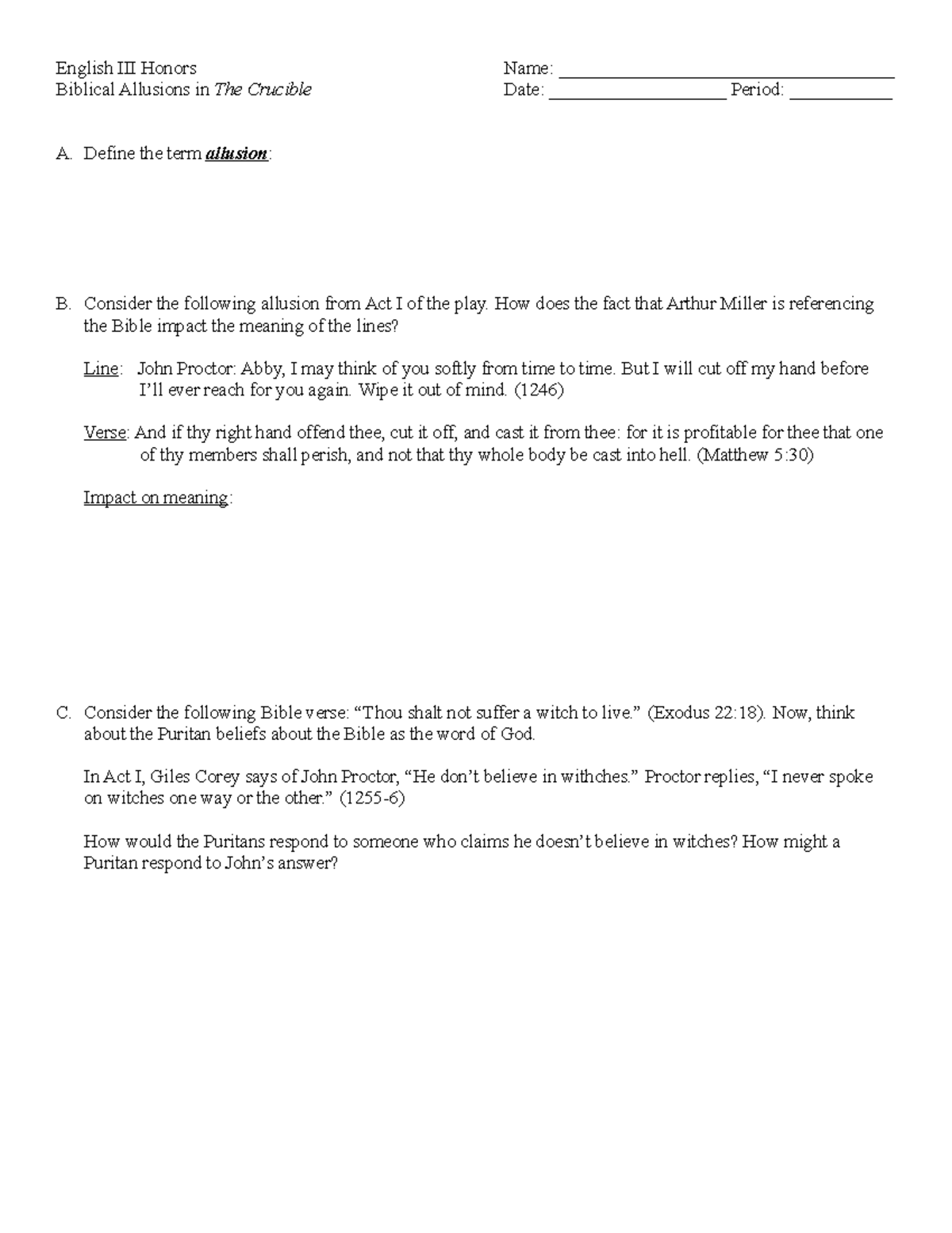 Allusions worksheet-1 - English III Honors Name ...