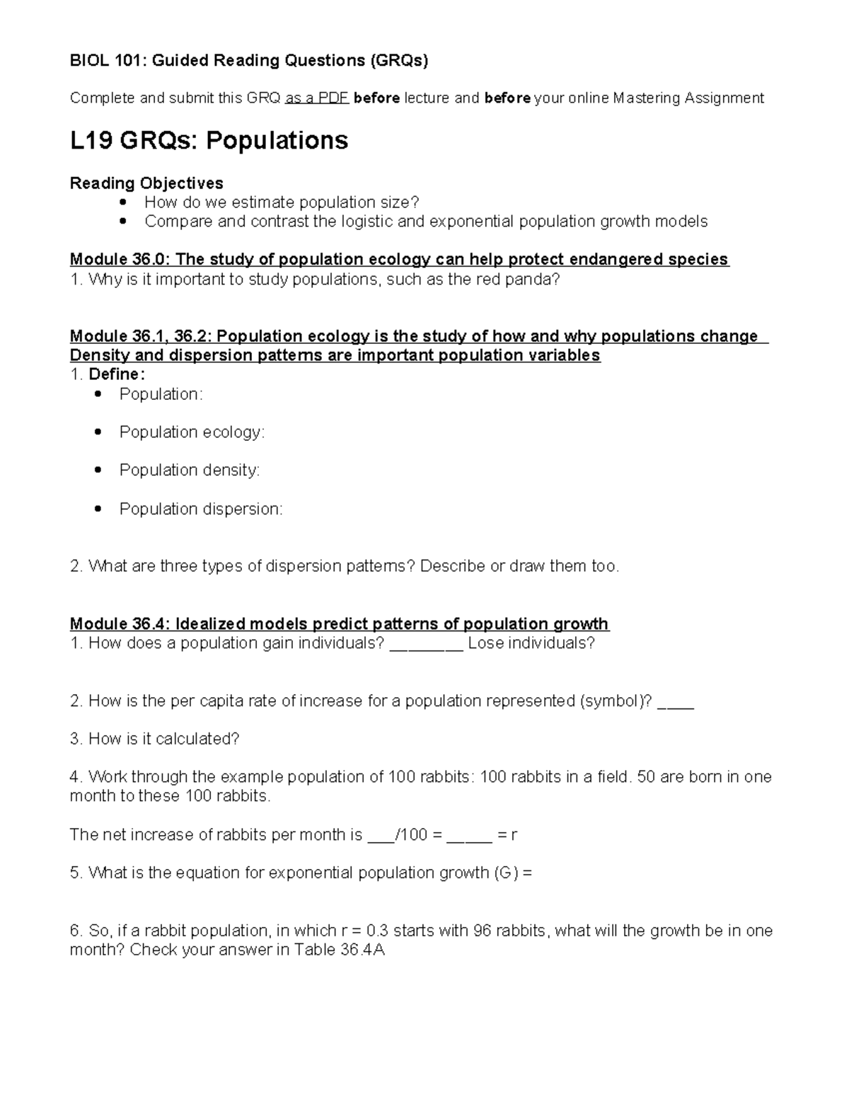 Lesson 19 GRQs Populations - BIOL 101: Guided Reading Questions (GRQs ...