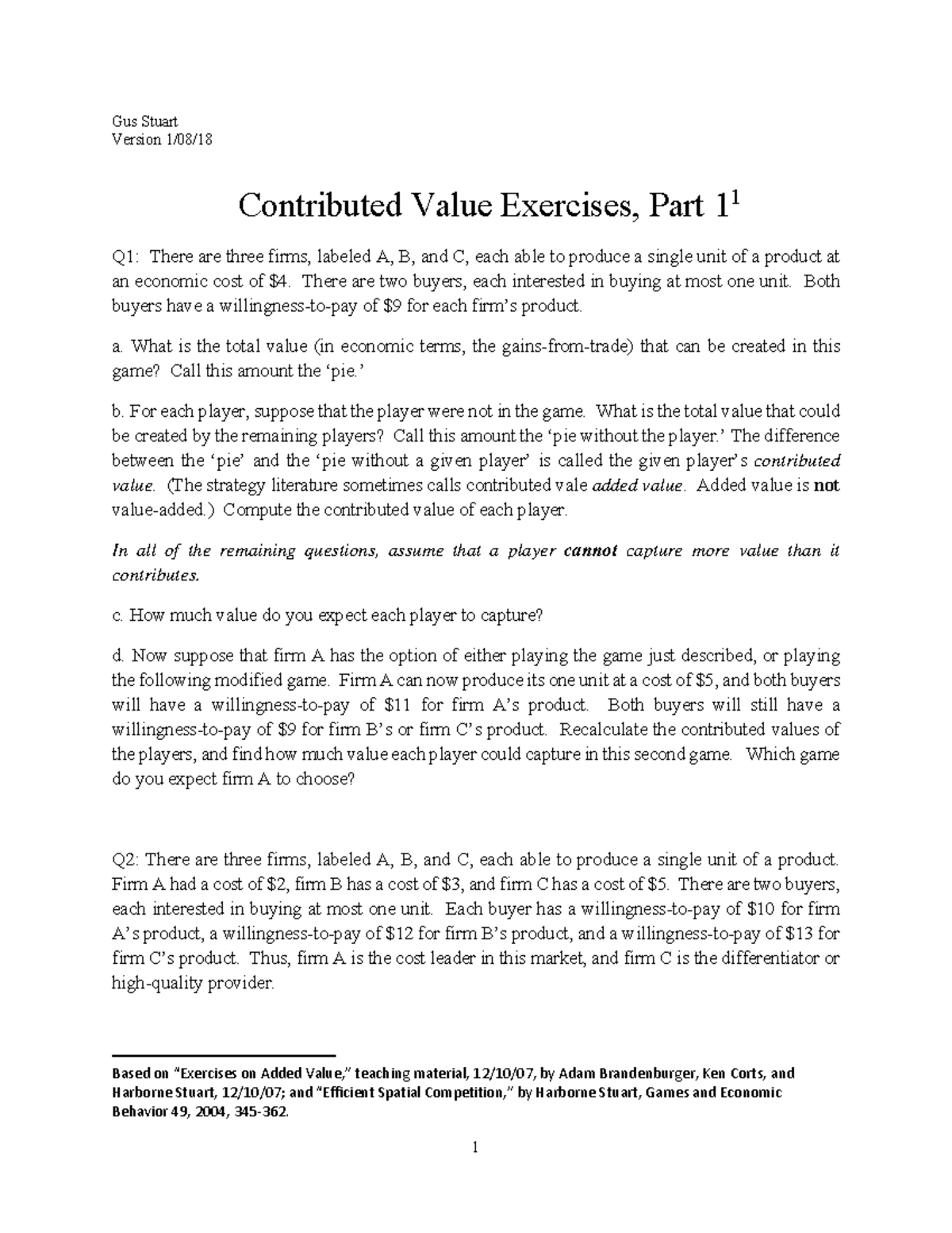 Contributed Value Exercises Part 1 - 1 Gus Stuart Version 1/08 ...