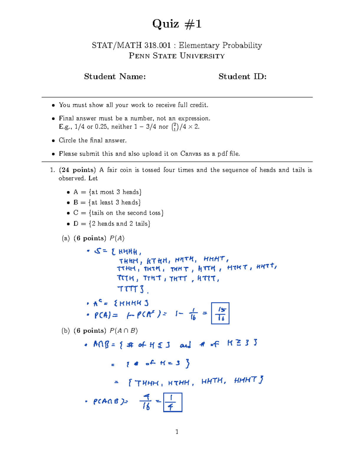 Quiz 01 sol - quiz 1 question and solution - Quiz STAT/MATH 318 ...