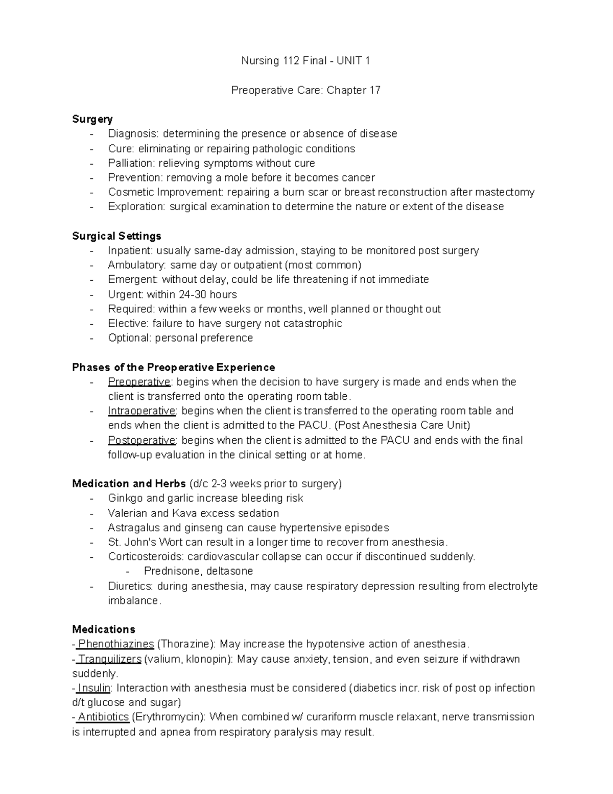 Unit 1 Final Study Guide - Nursing 112 Final - UNIT 1 Preoperative Care ...