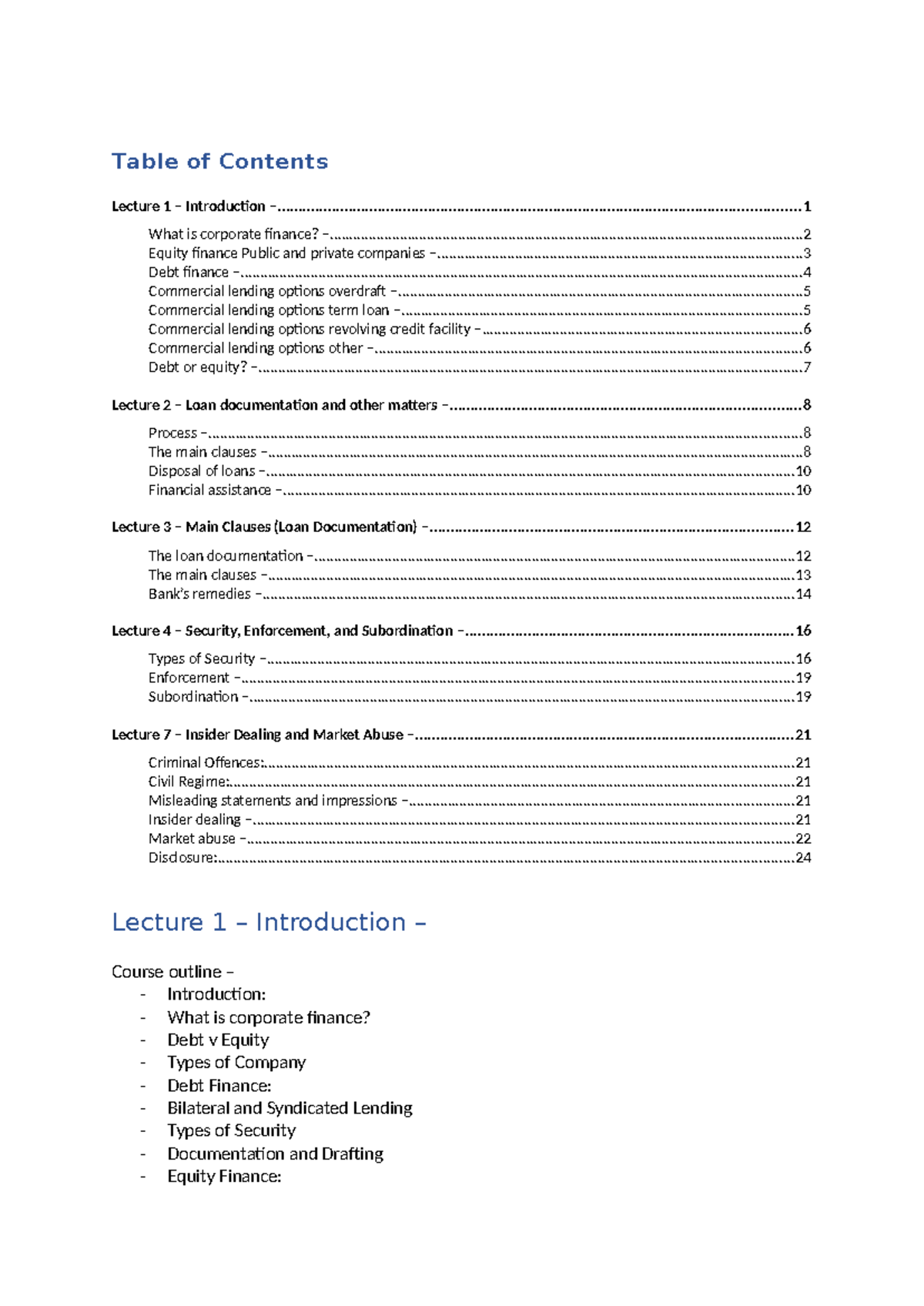 Corporate Finance Lectures - Table of Contents Lecture 1 – Introduction - Studocu