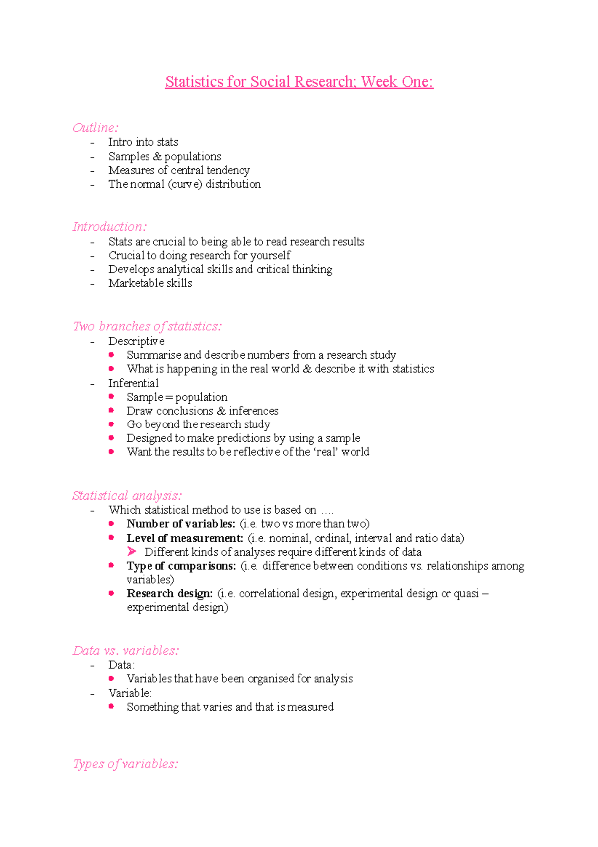 Statistics for Social Research - lecture notes / tutorial work (week 1 ...
