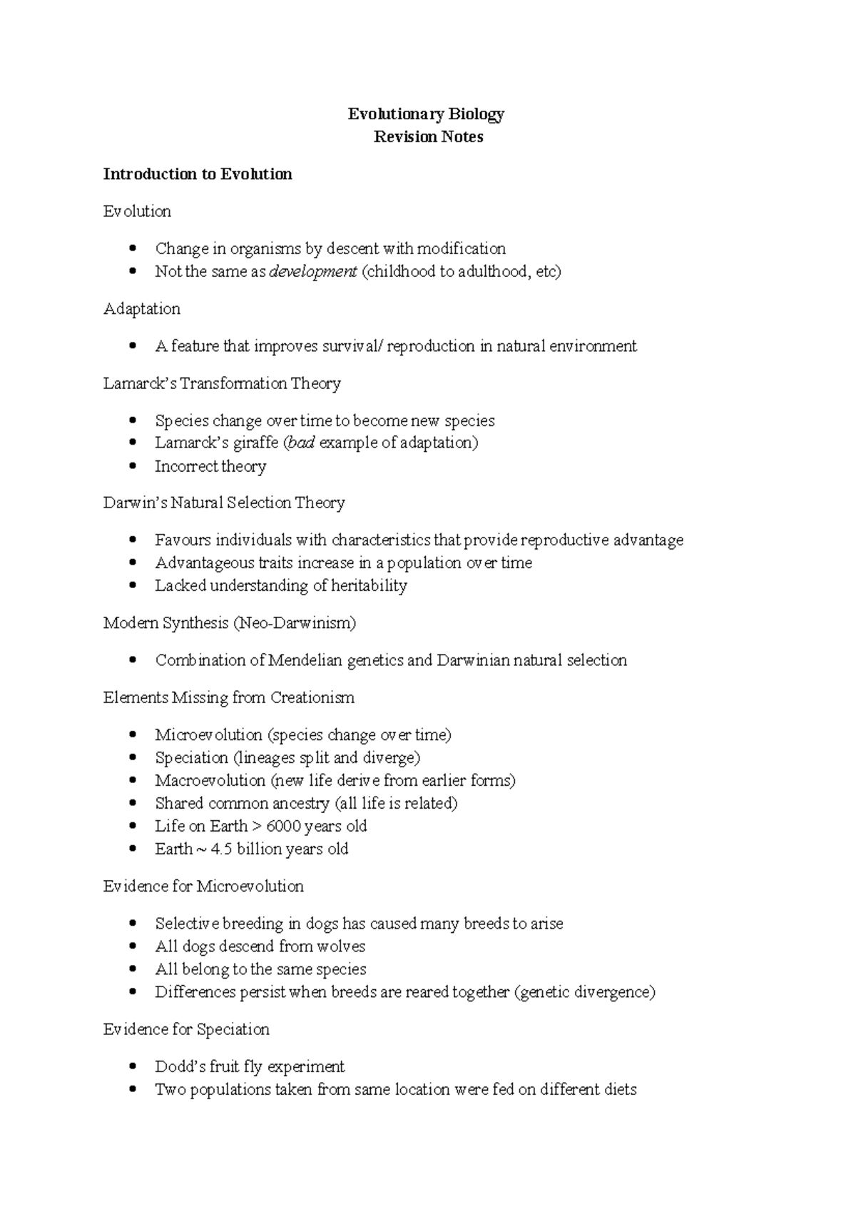 Evo Bio Rev Notes - Evolutionary Biology Revision Notes Introduction to ...