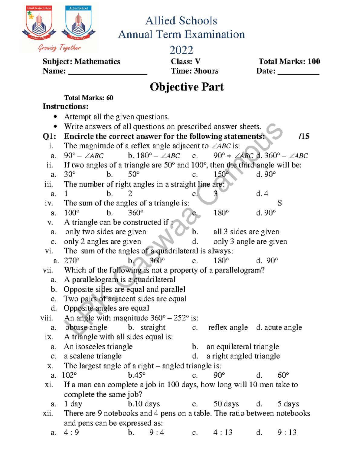 Class V Mathematics Second Term - Exam Class 5 - THP Course ...