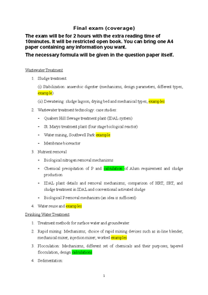 Notes/ Cheat sheet - WASTEWATER TREATMENT Sludge Treatment 3 ...