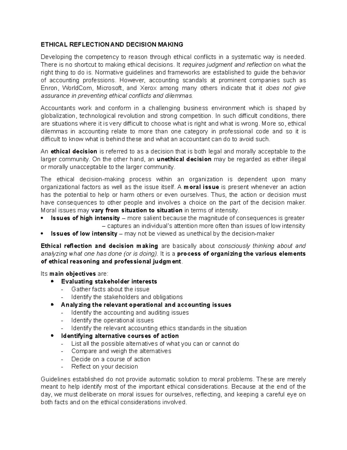 Ethical Reflection and Decision Making - ETHICAL REFLECTION AND ...