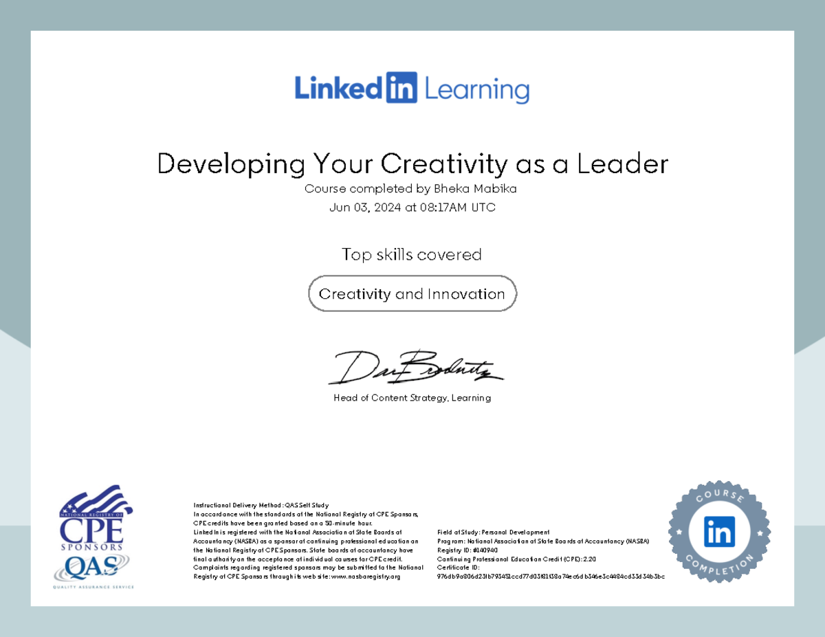 Certificate Of Completion Developing Your Creativity as a Leader ...