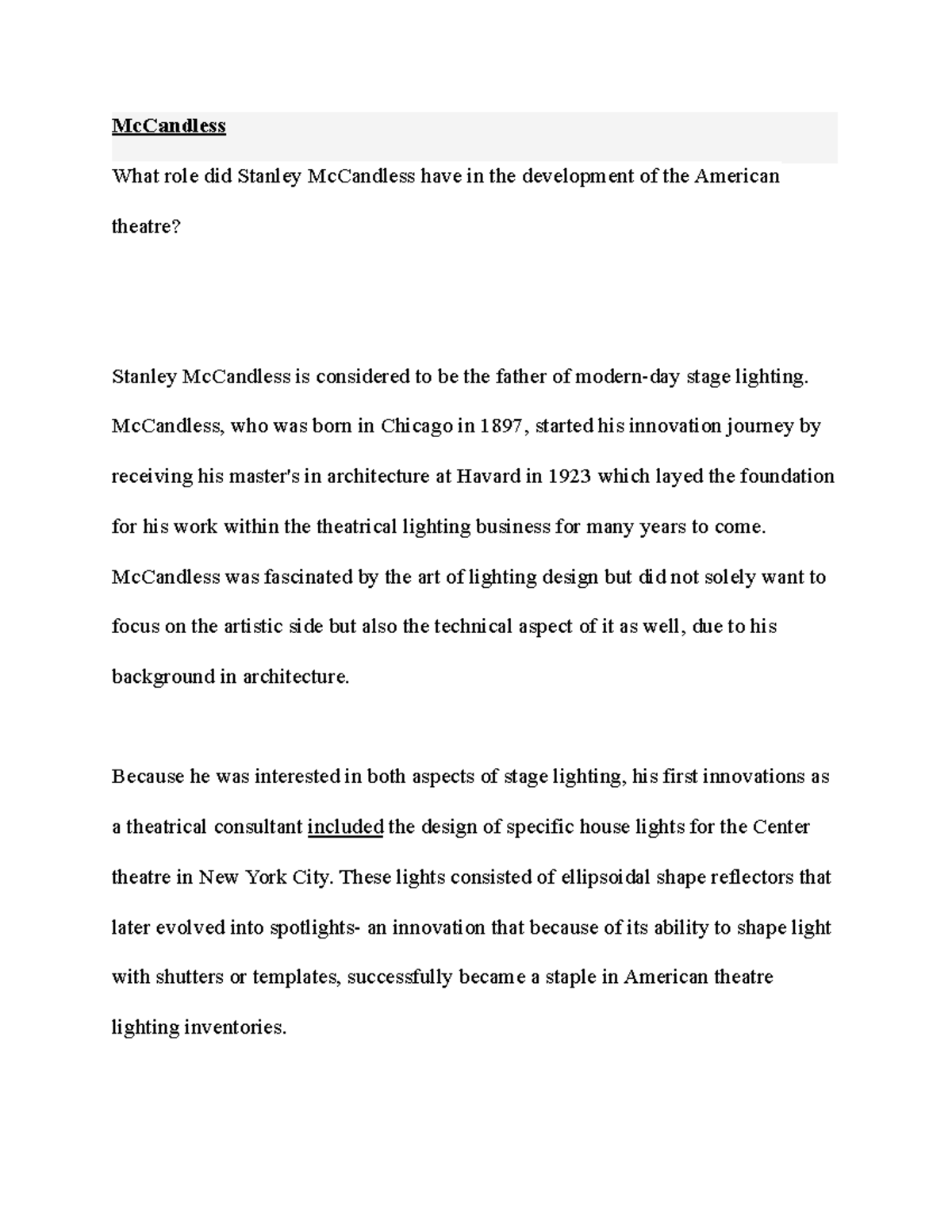 Mc Candless- theathre - assignment - McCandless What role did Stanley ...