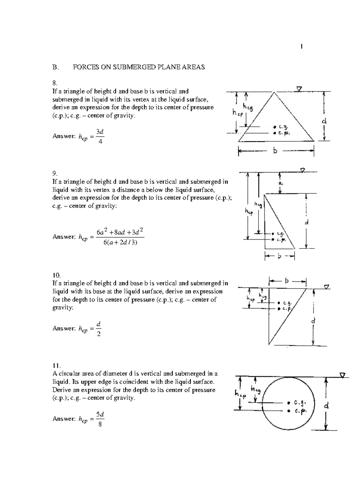 Hydrostatic Pressure - Notes - B. FORCES ON SUBMERGED PLANE AREAS 8. If ...