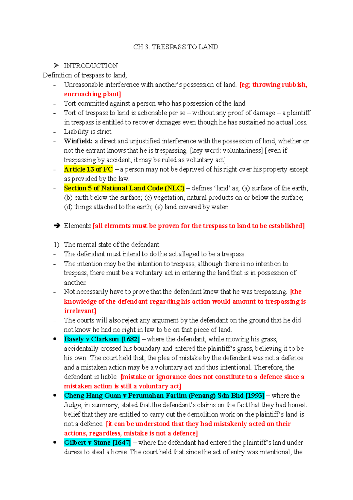 Trespass to land - personal notes - CH 3: TRESPASS TO LAND INTRODUCTION ...