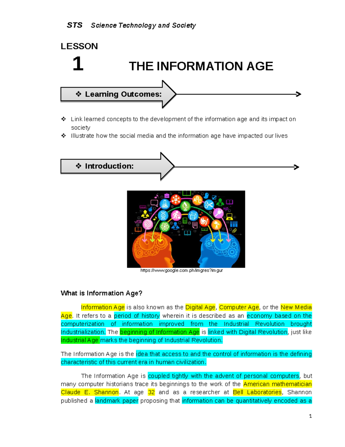 Reviewer 4 - Lecture notes 1,8,9 - LESSON 1 THE INFORMATION AGE Link ...