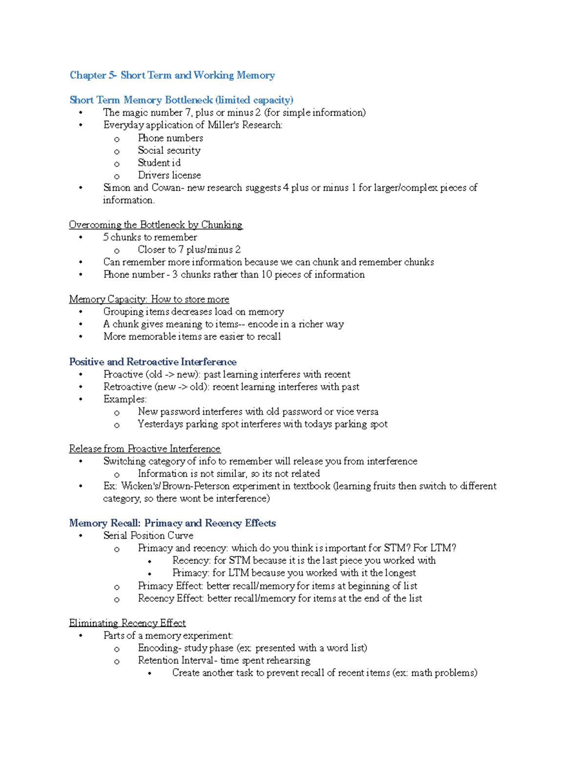 Chap 5- cognitive lecture - Chapter 5- Short Term and Working Memory ...