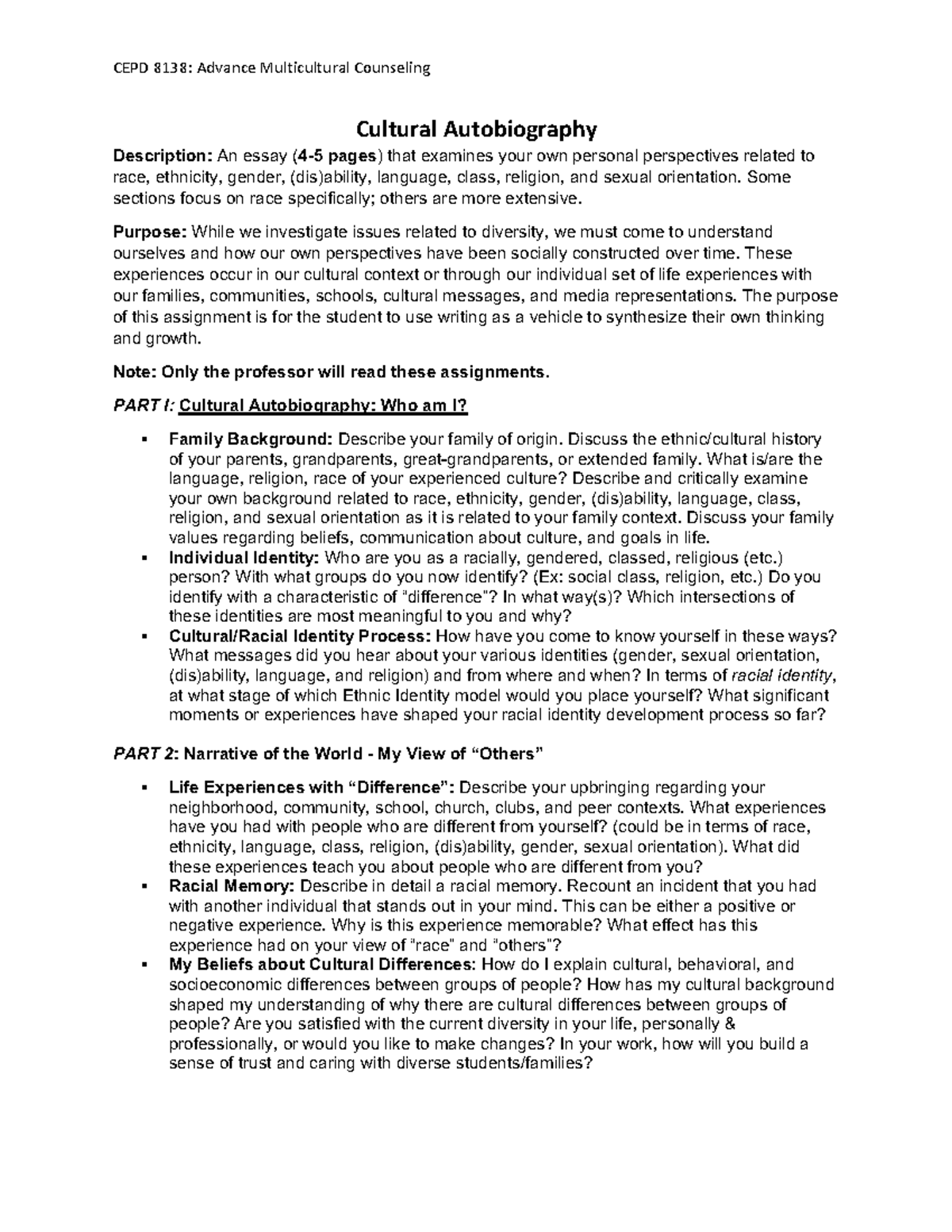 Cultural Autobiography Outline - CEPD 8138: Advance Multicultural ...