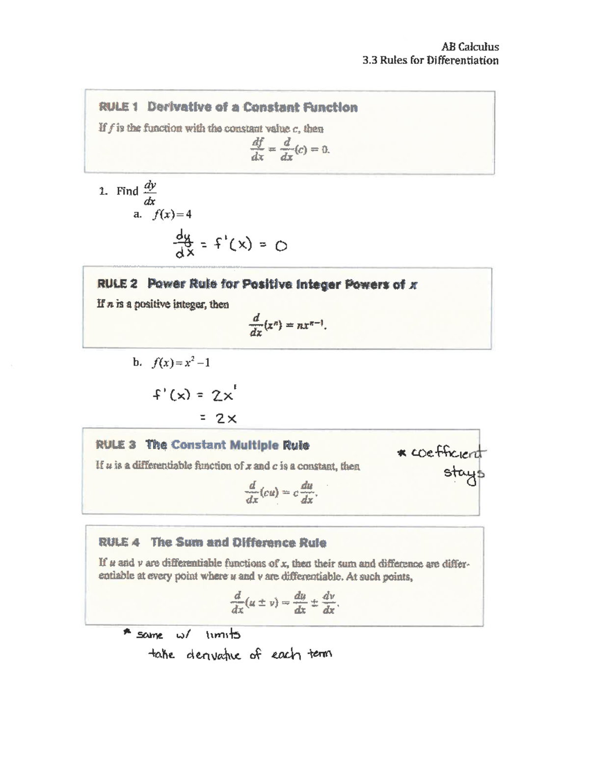 921 - DFD - AB Calculus 3 Rules for Differentiation RULE 1 Derivative ...