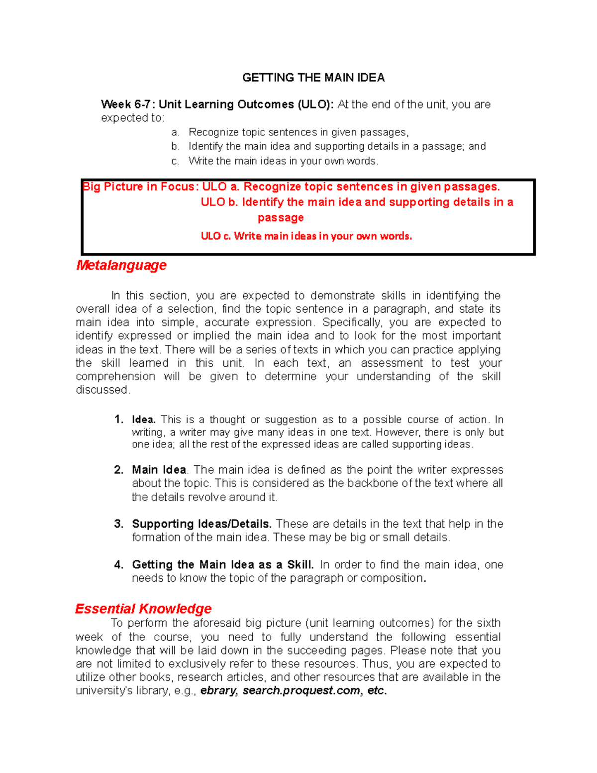 Week 6-7 ( Getting THE MAIN IDEA and Summarizing) - GETTING THE MAIN ...