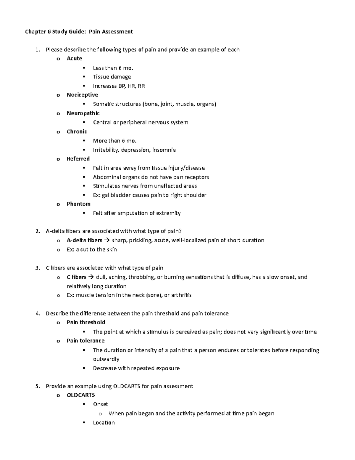 Chapter 6 Study Guide - Chapter 6 Study Guide: Pain Assessment Please ...