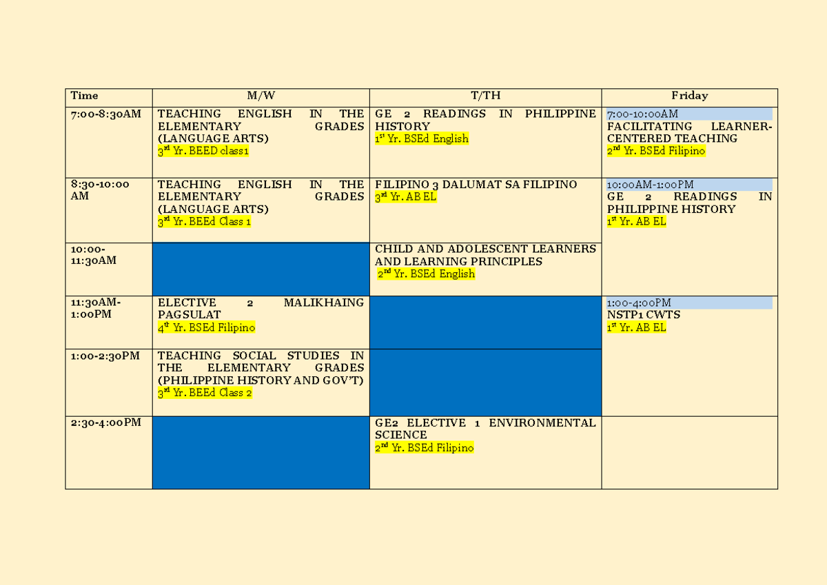 Schedule 24-25 1st sem - Time M/W T/TH Friday 7:00-8:30AM TEACHING ...