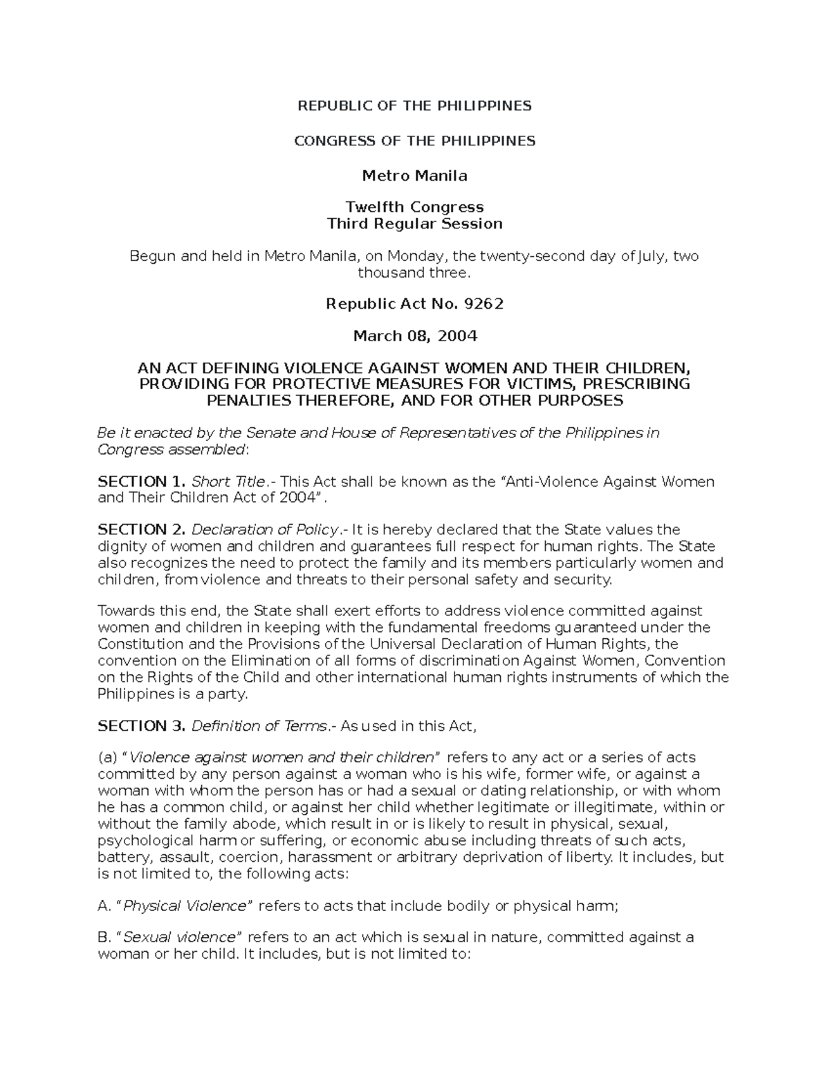 Ra 9262 - RA 9262 - REPUBLIC OF THE PHILIPPINES CONGRESS OF THE ...