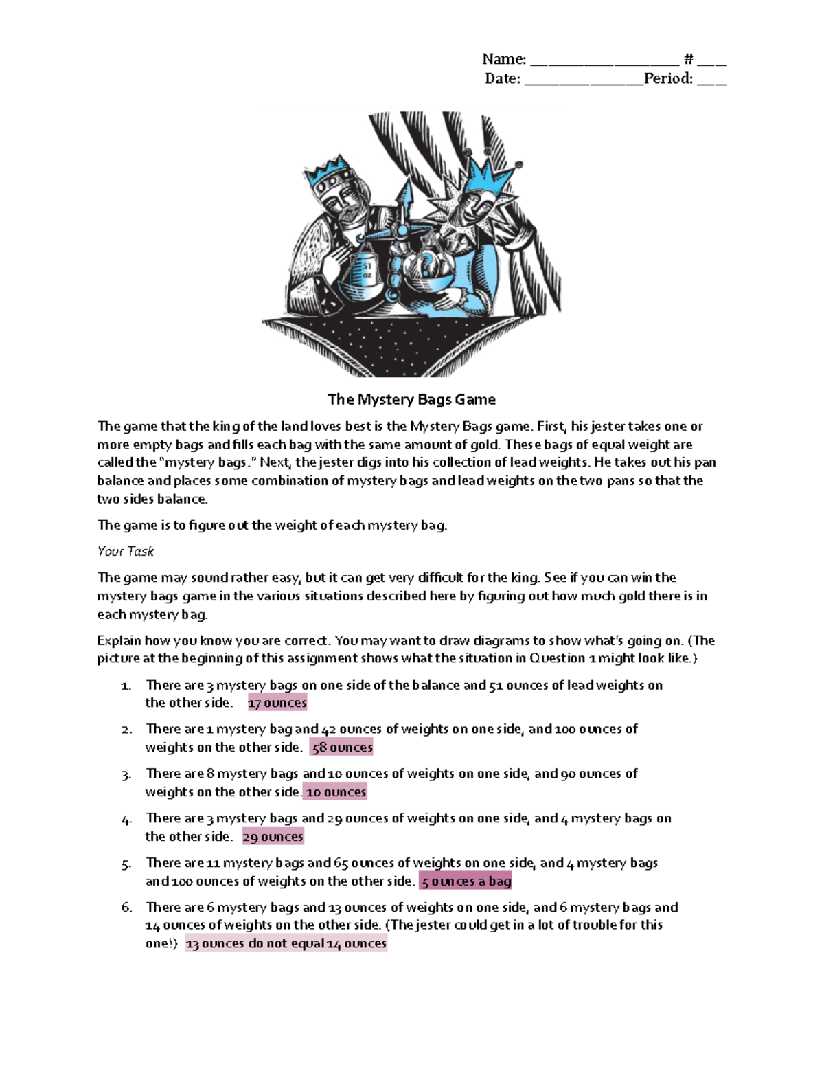 Math 1 Module 4 The Mystery Bags Game - Name ...