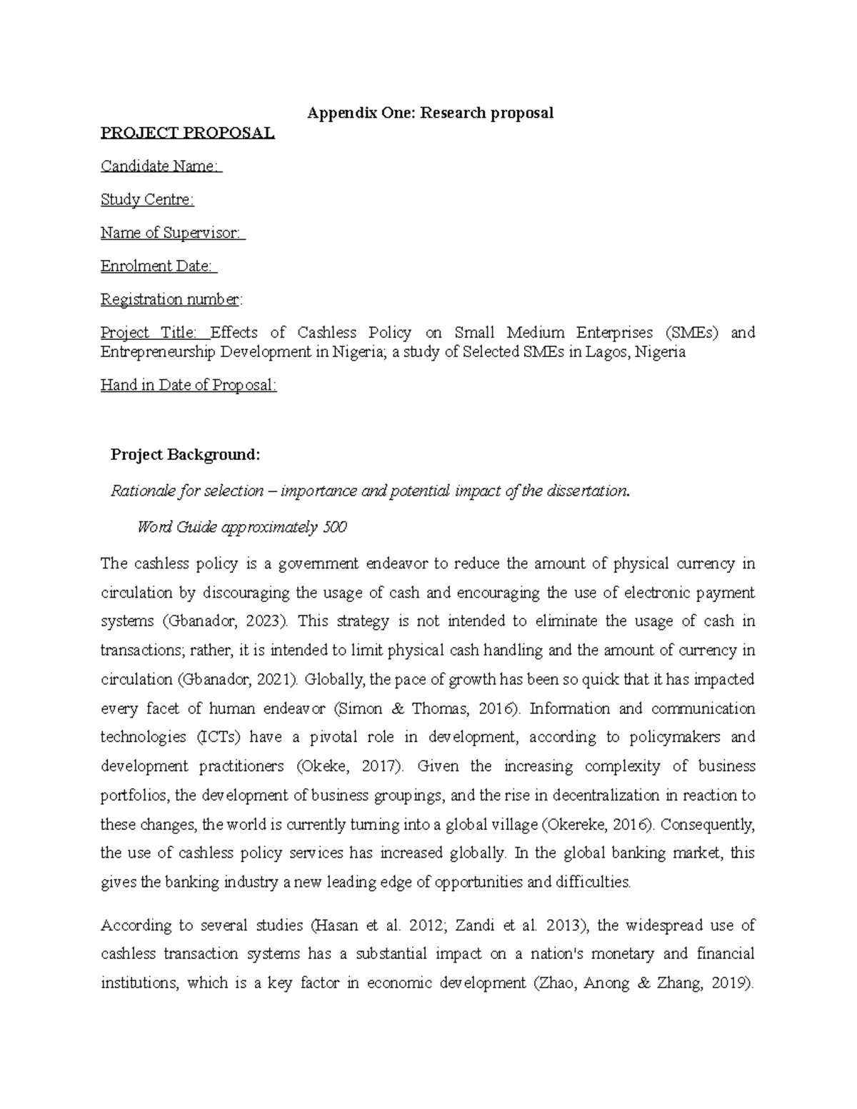 Cashless Policy Proposal - Appendix One: Research proposal PROJECT ...